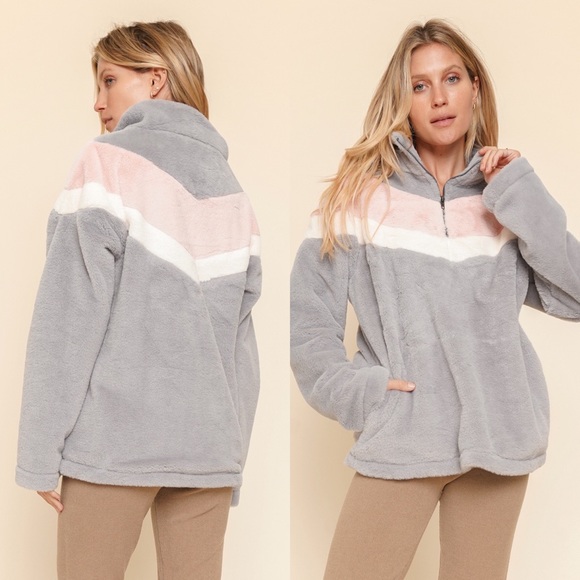 Hem & Thread | Jackets & Coats | Hem Thread Fleece Pullover Gray Pink ...